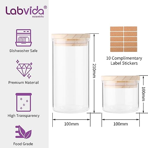 Labvida 4pcs Glass Food Storage Jars 21.3/47.7oz-2/2pcs Food Containers with Airtight Pine Lids, for Pasta, Cookies, Nuts, Coffee Beans, Cereal, Glass Canisters for Kitchen, Pantry,LVAG007