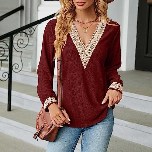 Womens Tops 2023 V-Neck Lace Crochet Loose Fit t Shirts Solid Color Fashion Graphic Tunic Empire Waist Blouses