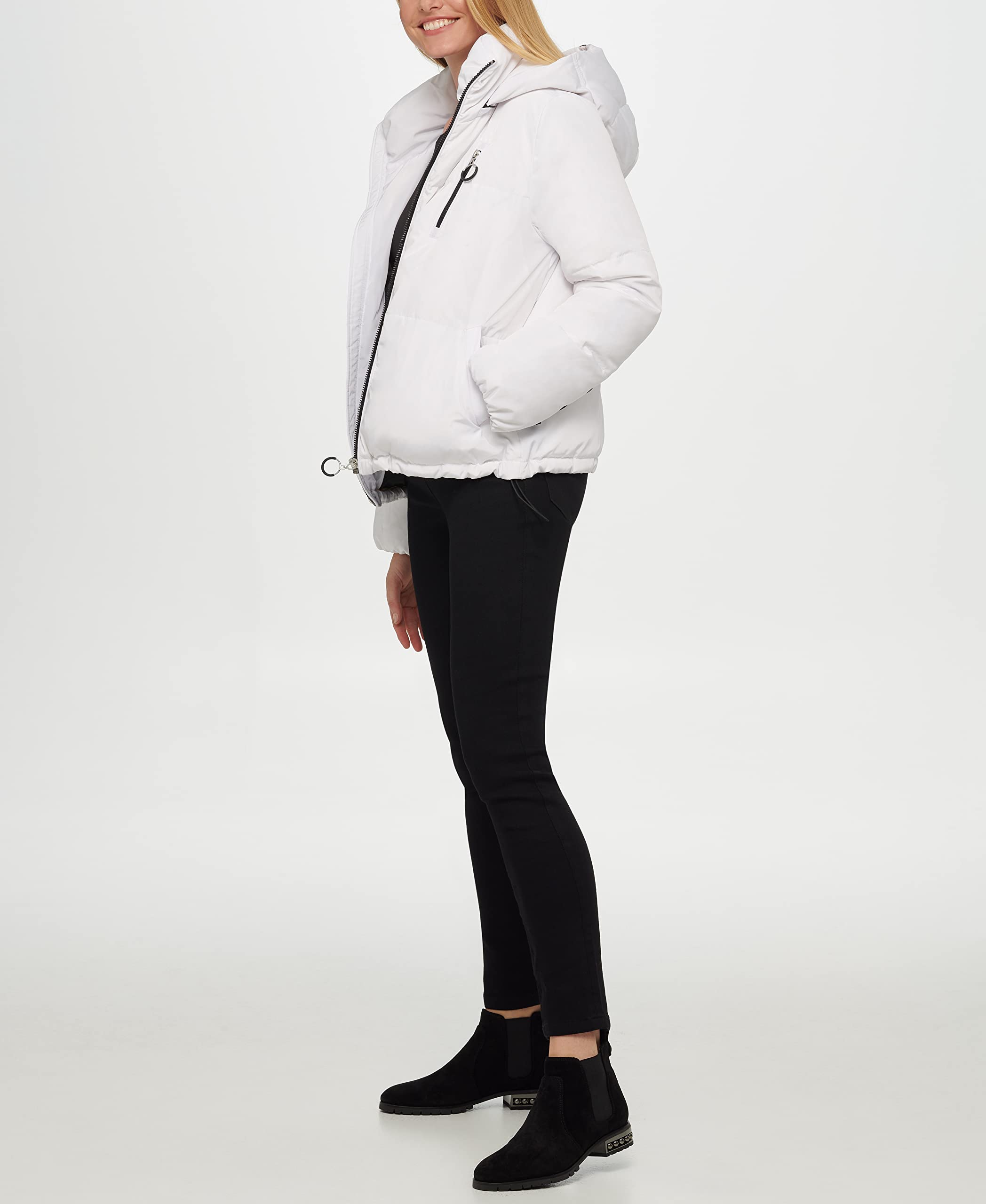 Karl Lagerfeld Paris Women's Short Puffer, Hooded White, Medium
