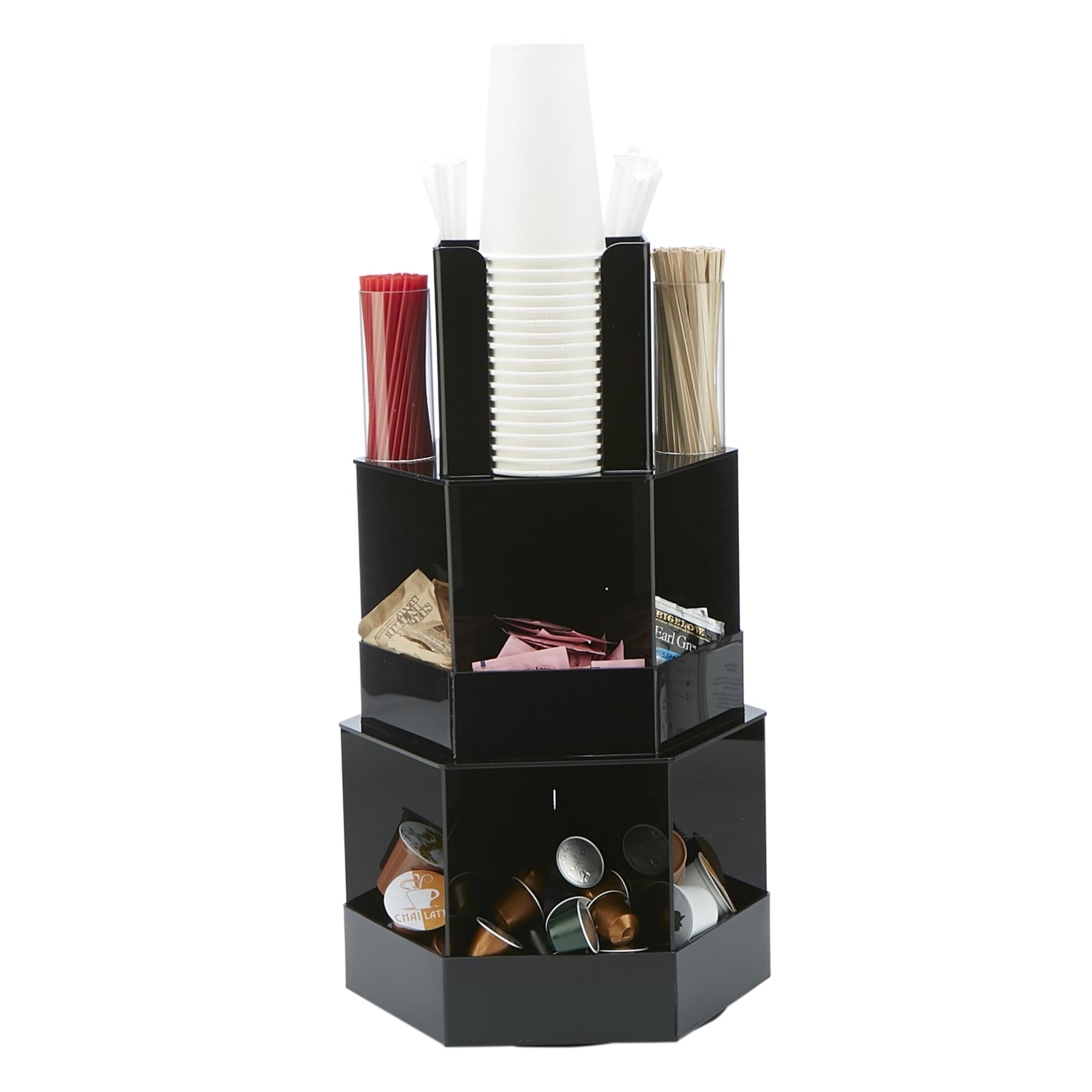 Mind Reader SETT-BLK 18 Compartment 3-Tier Large Breakroom, Lazy Susan Coffee Condiment Organizer, Black, One Size