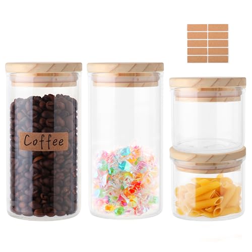 Labvida 4pcs Glass Food Storage Jars 21.3/47.7oz-2/2pcs Food Containers with Airtight Pine Lids, for Pasta, Cookies, Nuts, Coffee Beans, Cereal, Glass Canisters for Kitchen, Pantry,LVAG007