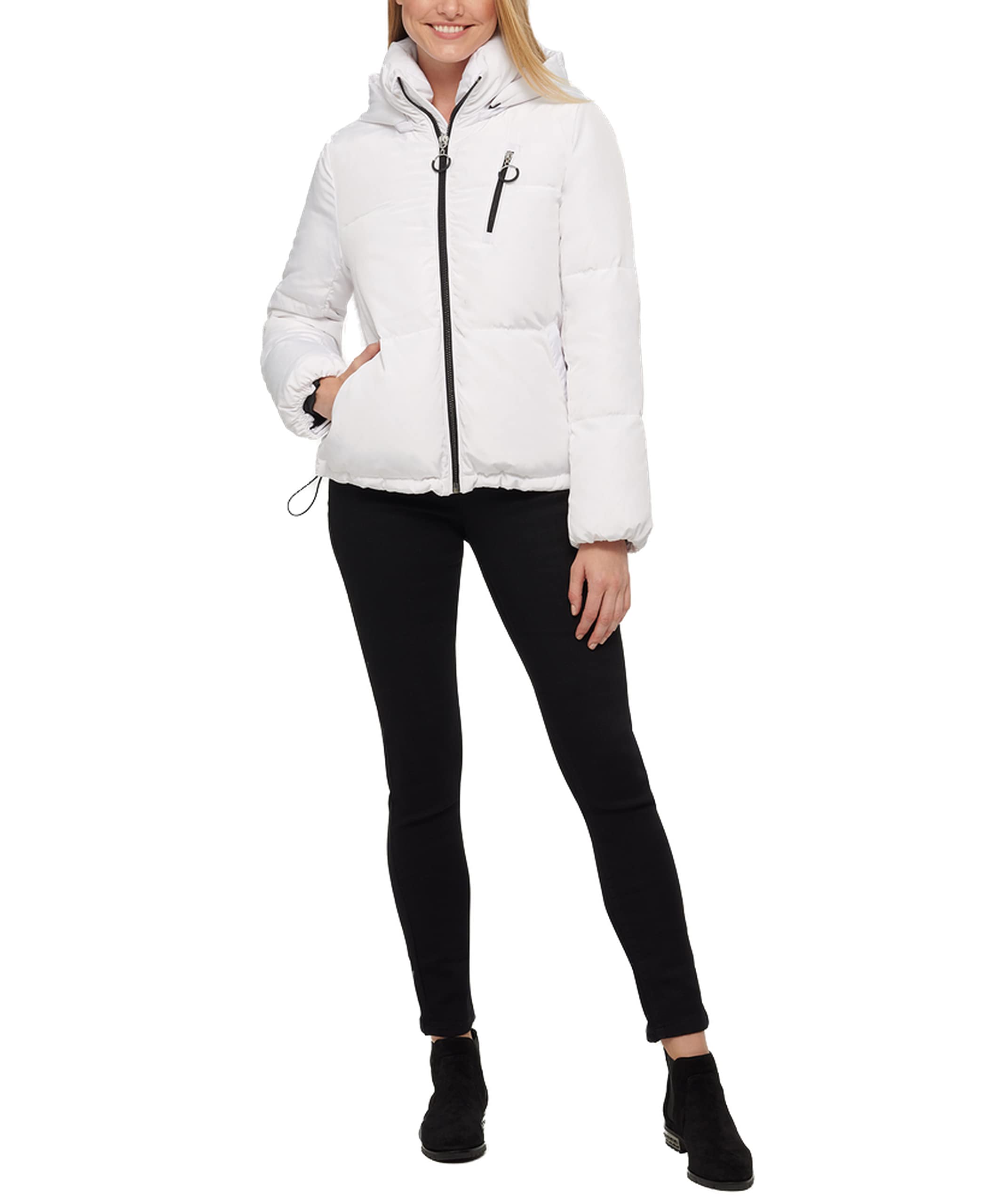Karl Lagerfeld Paris Women's Short Puffer, Hooded White, Medium