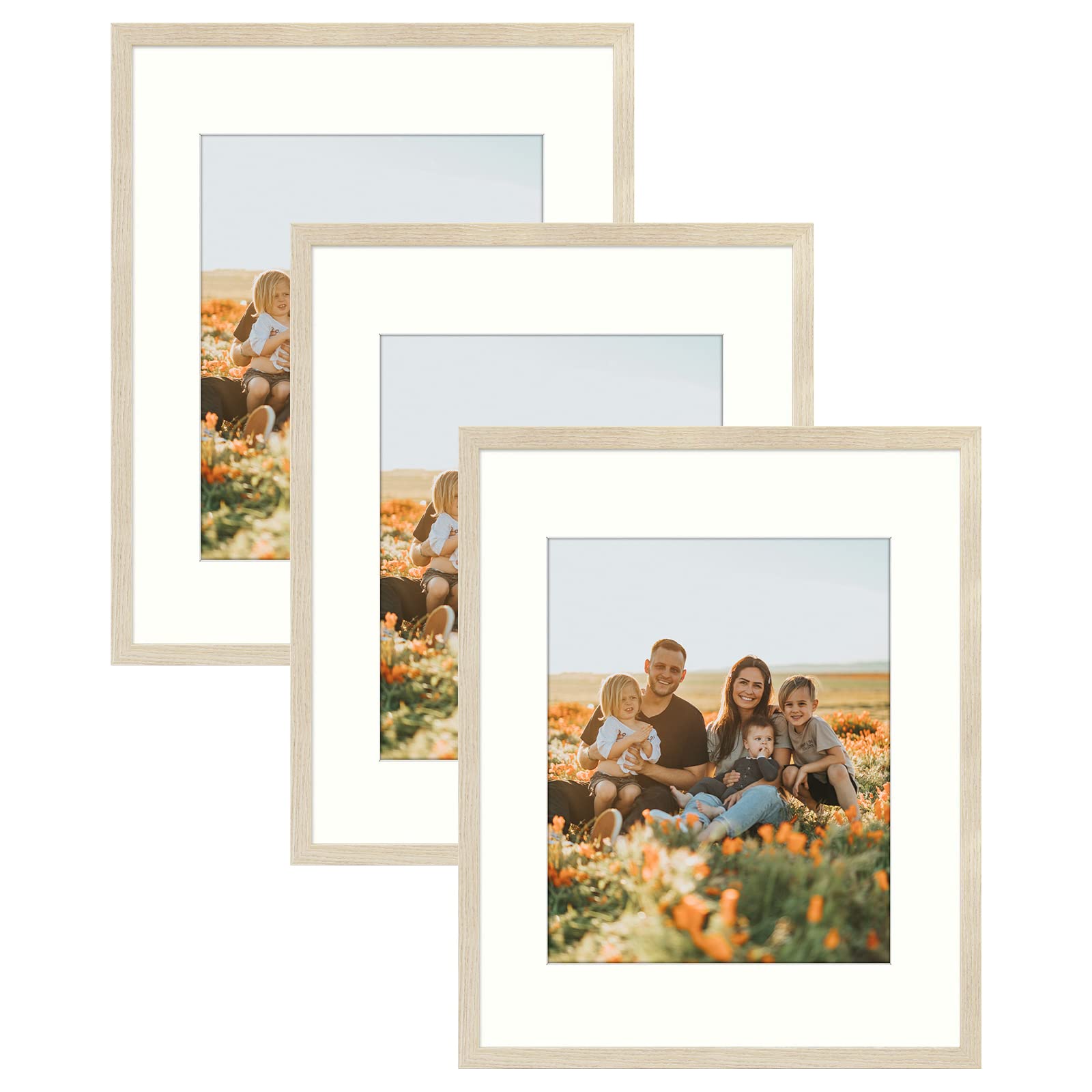Golden State Art, 16x20 Picture Frame - 11x14 Photos with Ivory Mat or 16x20 Pictures Without Mat - Real Glass, Wall Display for Poster, Picture, Portraits, Artwork - Set of 3, Beige