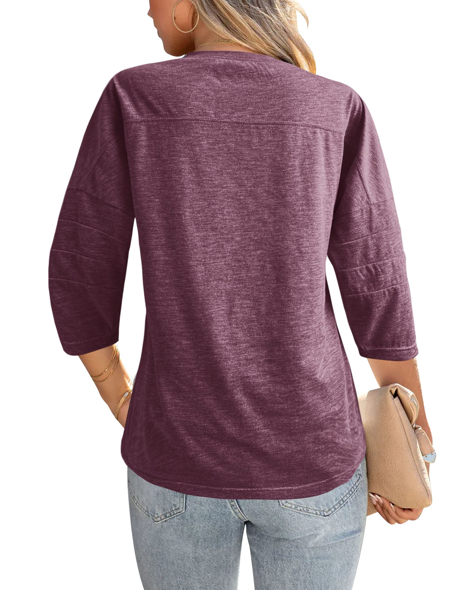 Dailiup Women's Casual 3/4 Sleeve T-Shirts Loose Round Neck Cute Tunic Tops Basic Tees Blouses Wine Red