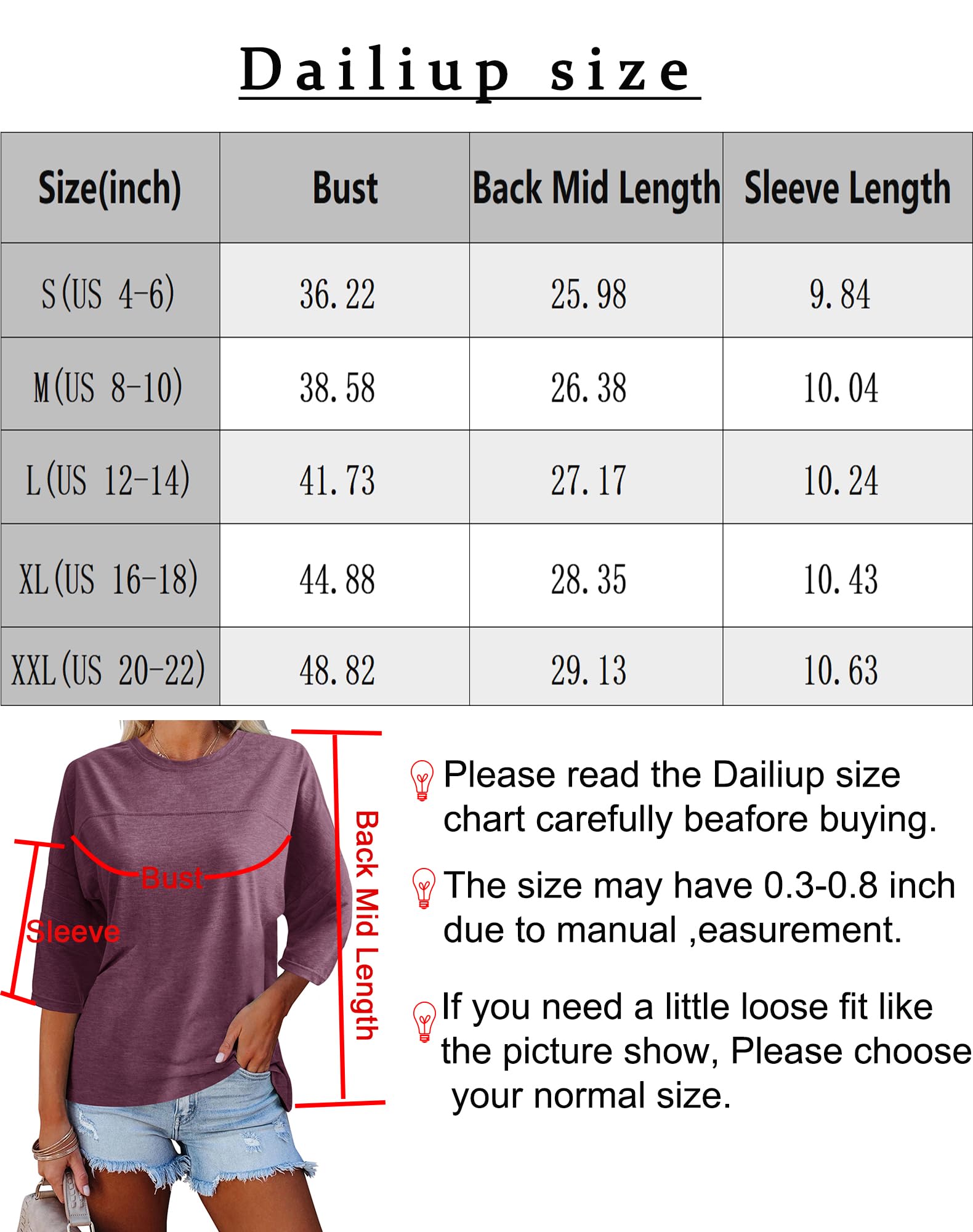 Dailiup Women's Casual 3/4 Sleeve T-Shirts Loose Round Neck Cute Tunic Tops Basic Tees Blouses Wine Red