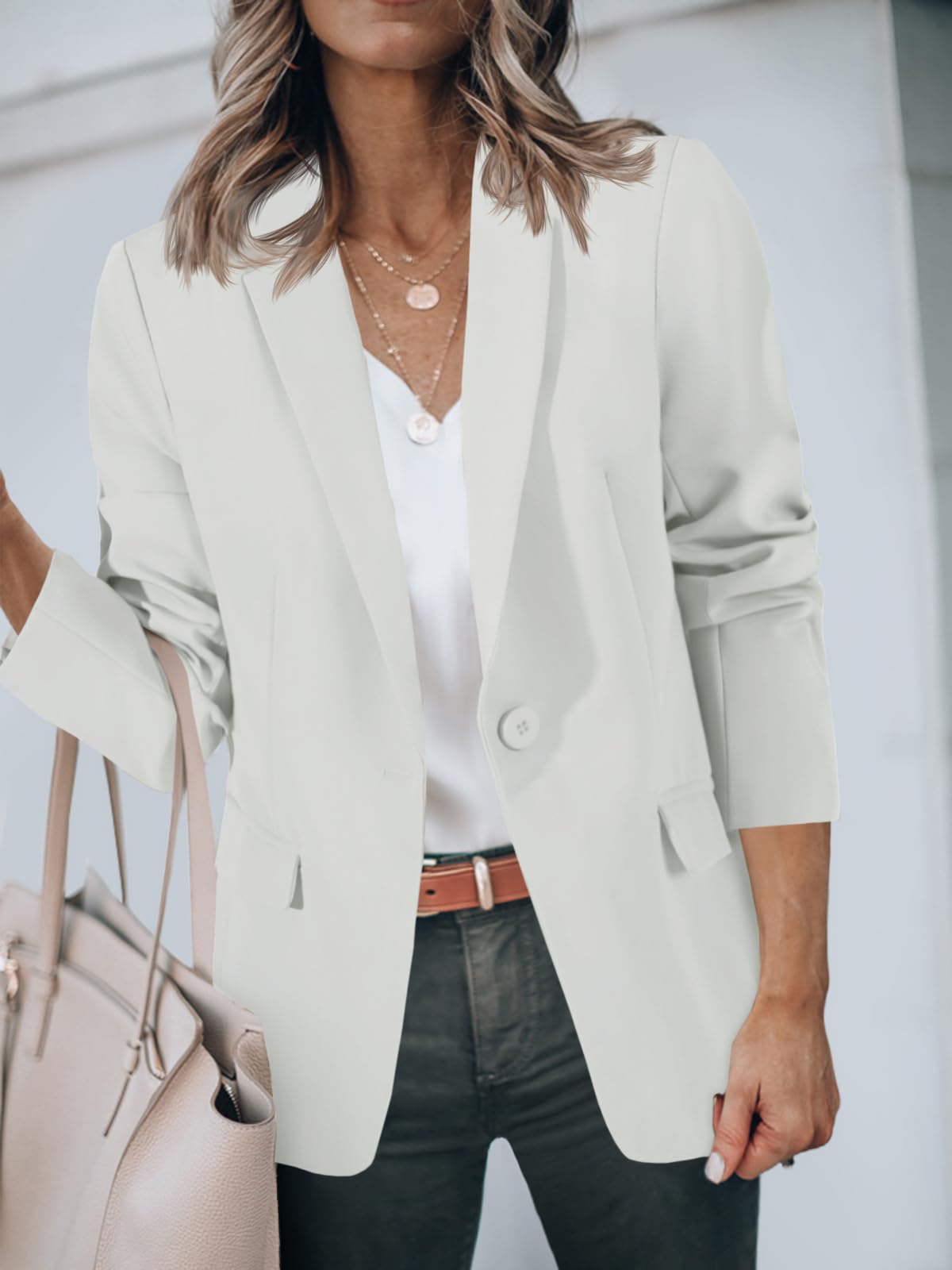 Cicy Bell Womens Casual Blazers Open Front Long Sleeve Work Office Suit Jackets Blazer White