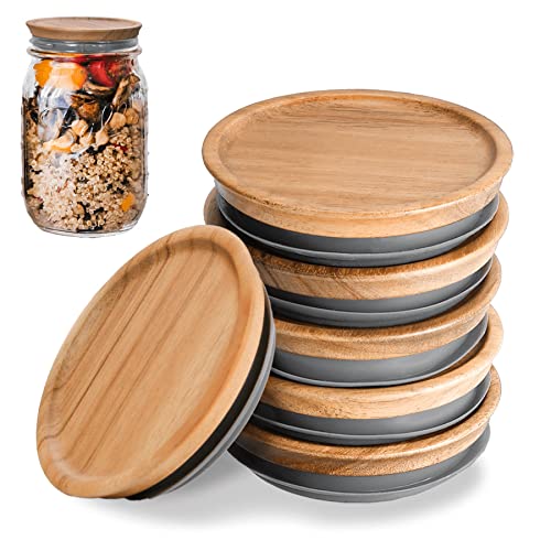 6 Pack Mason Jar Wooden Storage Lids, Reusable Canning Lids, Perfect for Wide Mouth Ball, Kerr, Weck Jars to Stack in Kitchen & Pantry, Food Grade Acacia Wood, BPA-Free, Leak Proof, Airtight