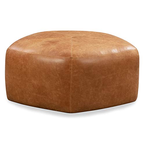 POLY & BARK Porto Modern Leather Ottoman Pouf (Cognac Tan)