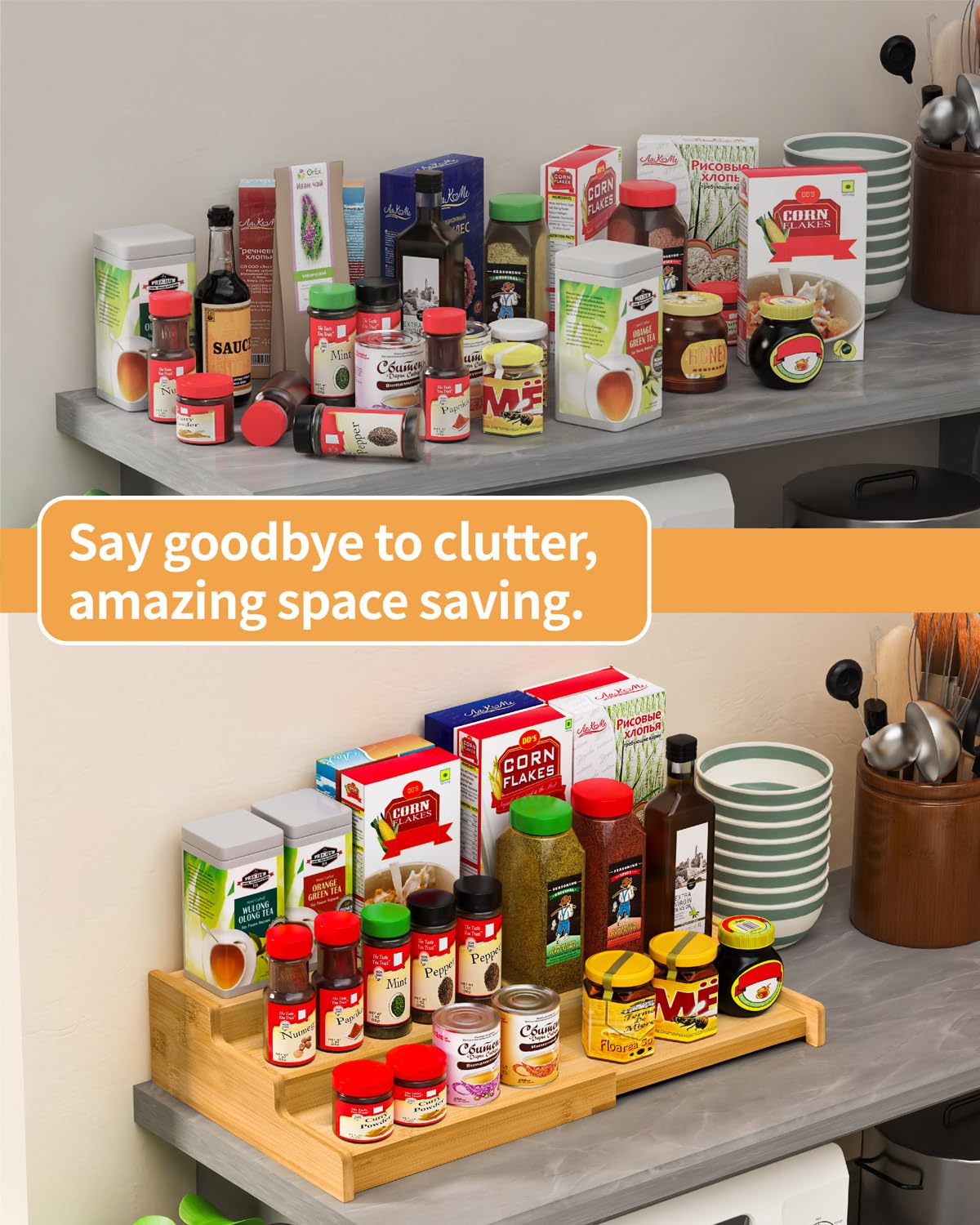VenDotbi Spice Rack Organizer, 3 Tier Expandable Bamboo Spice Rack Organizer, Great for Kitchen Cabinet, Cupboard, Pantry and More