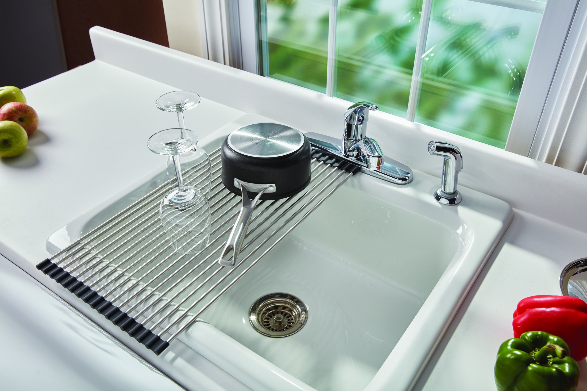 Farberware Roll up Dish Drying Over The Sink Rack Mat with Stainless Steel Wires, Large, Silver/Black