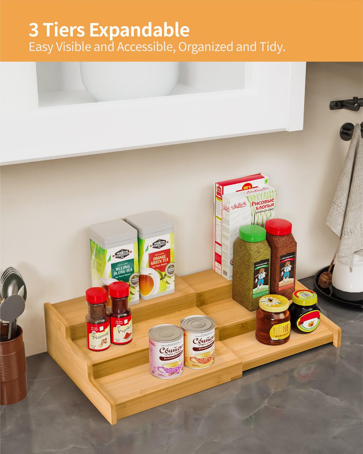VenDotbi Spice Rack Organizer, 3 Tier Expandable Bamboo Spice Rack Organizer, Great for Kitchen Cabinet, Cupboard, Pantry and More