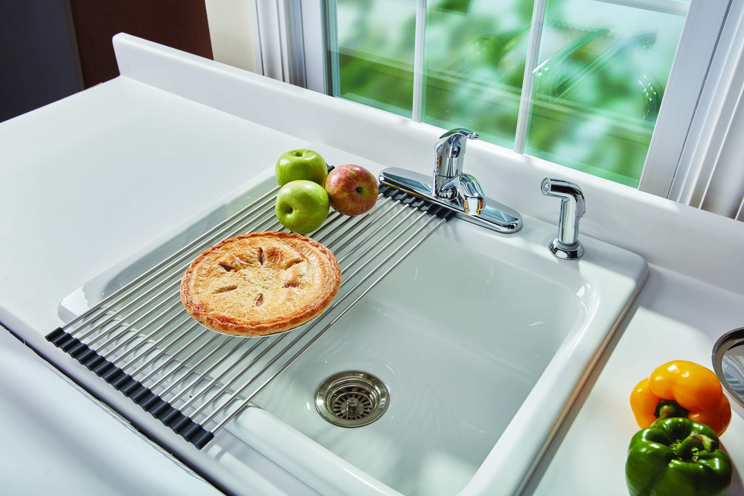 Farberware Roll up Dish Drying Over The Sink Rack Mat with Stainless Steel Wires, Large, Silver/Black
