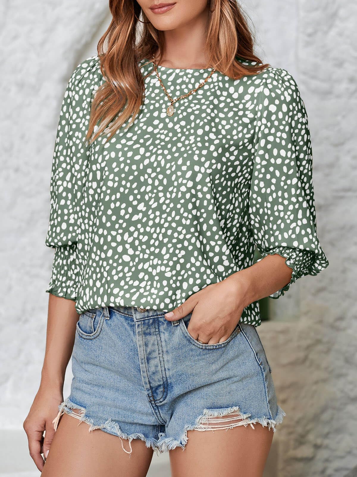 Teurkia Women's Casual Crewneck Tops 3/4 Sleeve Blouses Loose T Shirts Army Green