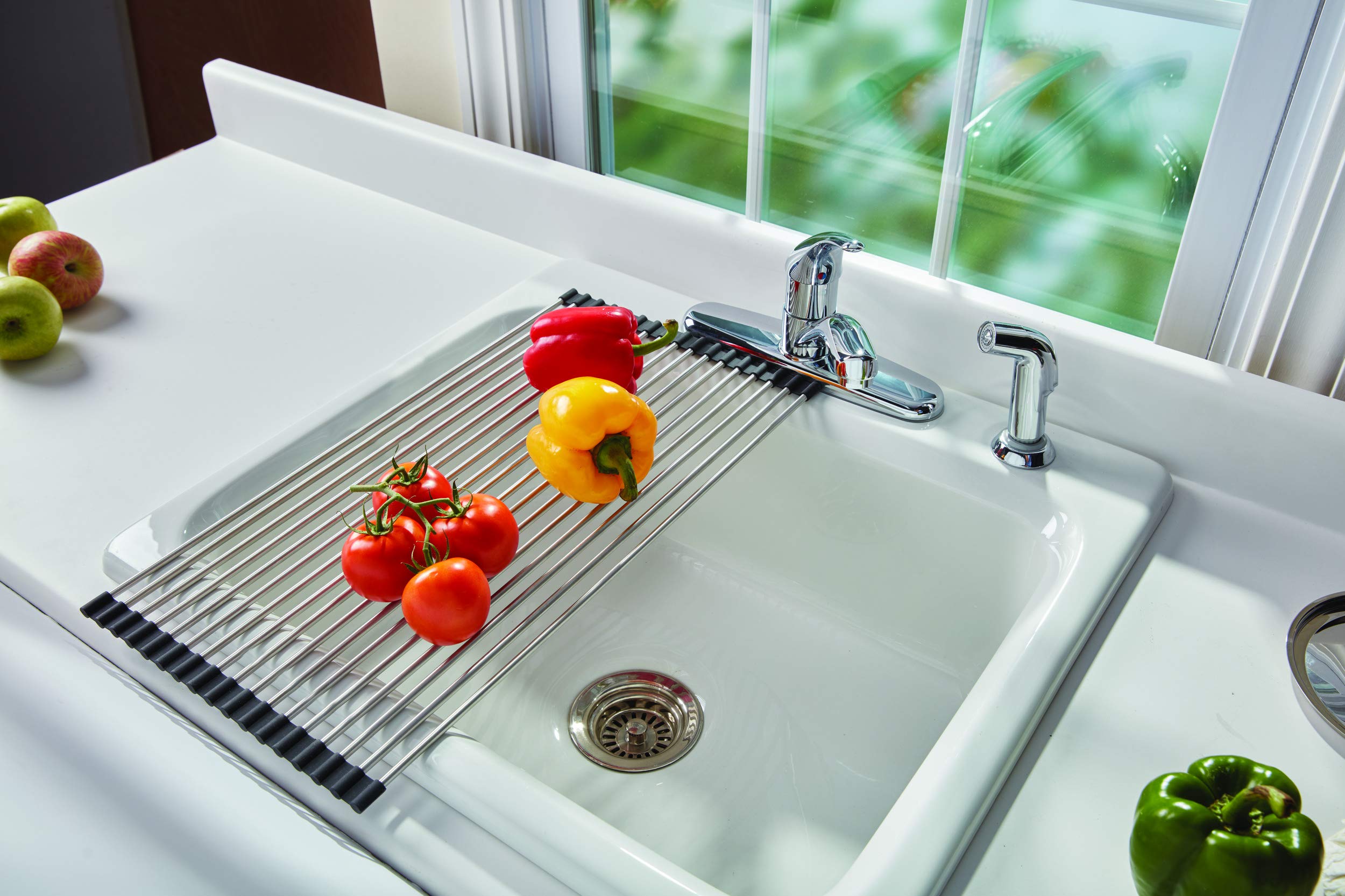 Farberware Roll up Dish Drying Over The Sink Rack Mat with Stainless Steel Wires, Large, Silver/Black