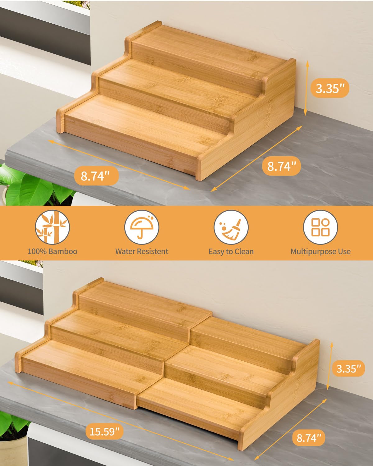 VenDotbi Spice Rack Organizer, 3 Tier Expandable Bamboo Spice Rack Organizer, Great for Kitchen Cabinet, Cupboard, Pantry and More