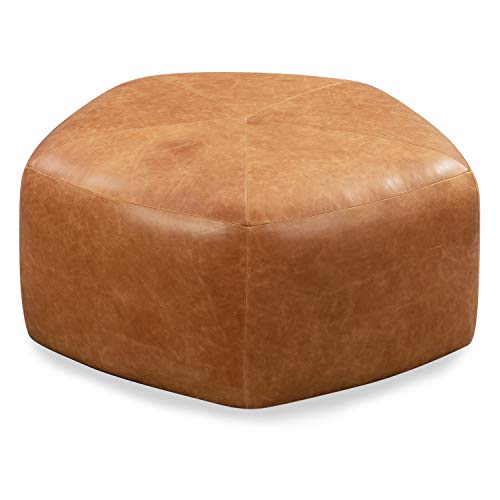 POLY & BARK Porto Modern Leather Ottoman Pouf (Cognac Tan)