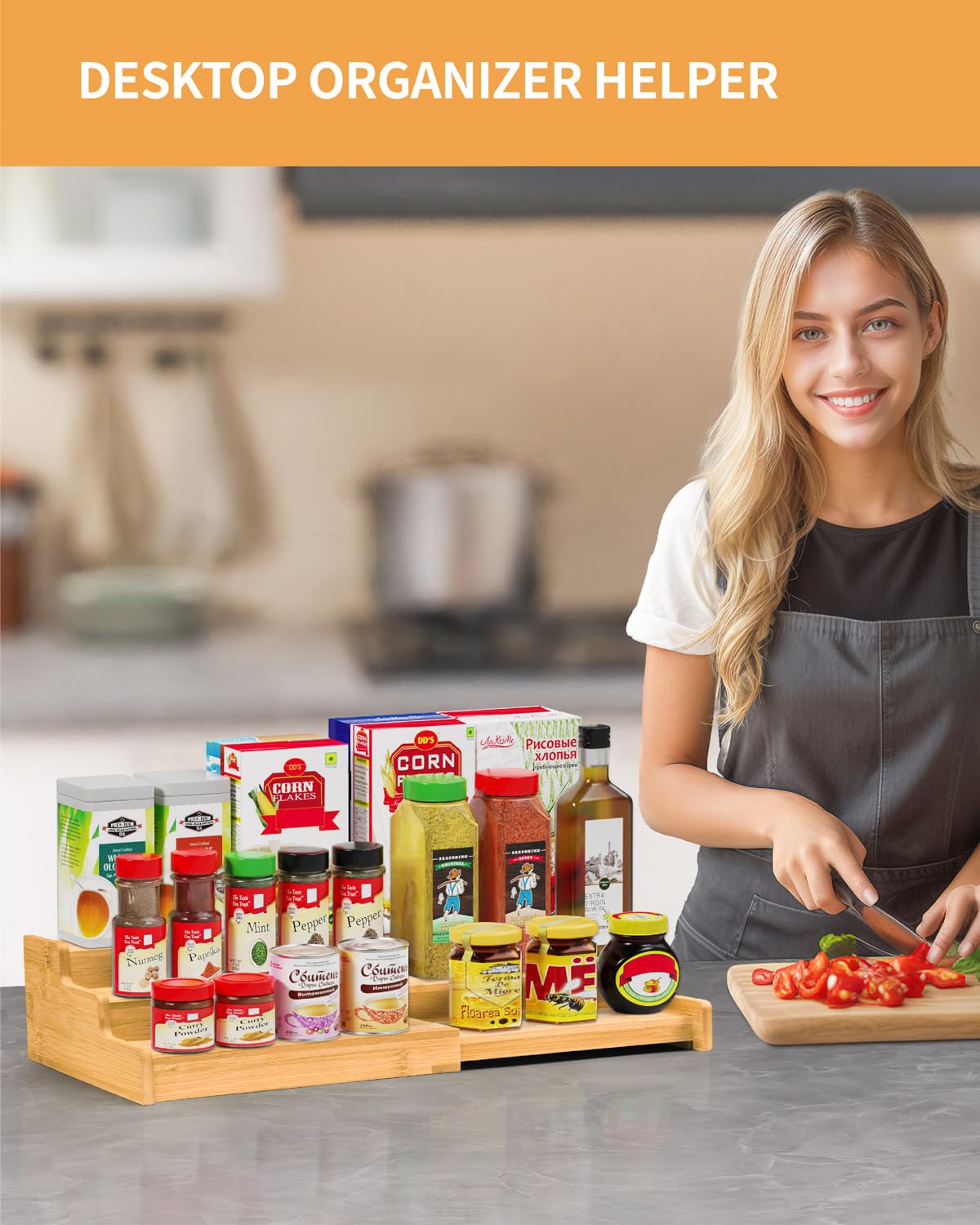 VenDotbi Spice Rack Organizer, 3 Tier Expandable Bamboo Spice Rack Organizer, Great for Kitchen Cabinet, Cupboard, Pantry and More