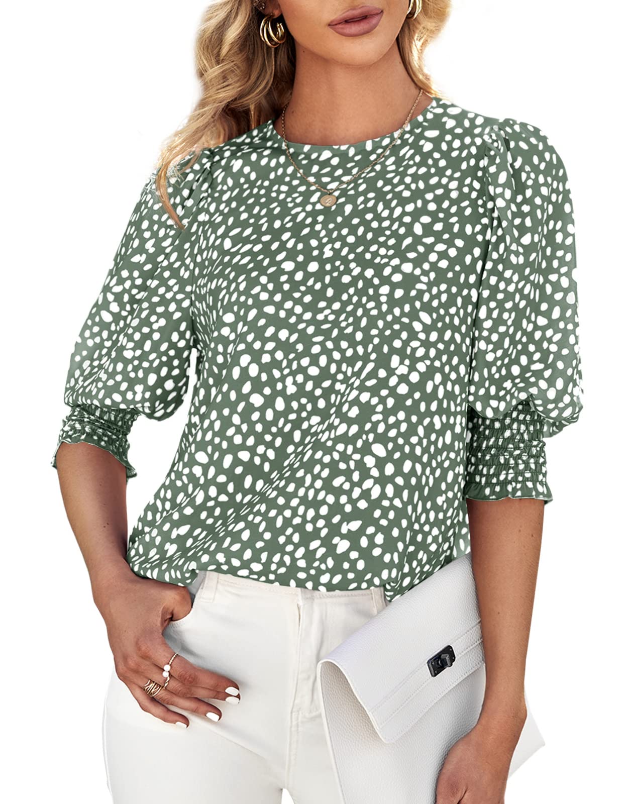 Teurkia Women's Casual Crewneck Tops 3/4 Sleeve Blouses Loose T Shirts Army Green