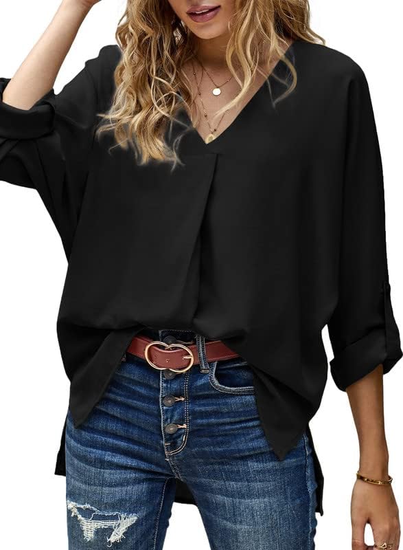 Dokotoo Women Fashion Summer Casual Office V Neck Chiffon Cuffed 3/4 Sleeve Solid Tunic Blouses and Tops for Work T Shirts 2024 Black US 18 20