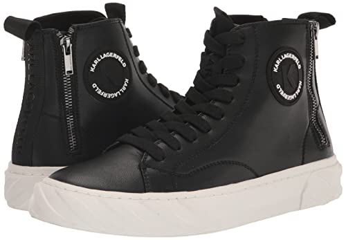 Karl Lagerfeld Paris Men's Recycled Leather Double Back Zip Hi Top Sneaker with Side Logo Patch, Black, 9.5