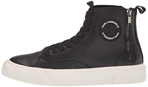 Karl Lagerfeld Paris Men's Recycled Leather Double Back Zip Hi Top Sneaker with Side Logo Patch, Black, 9.5