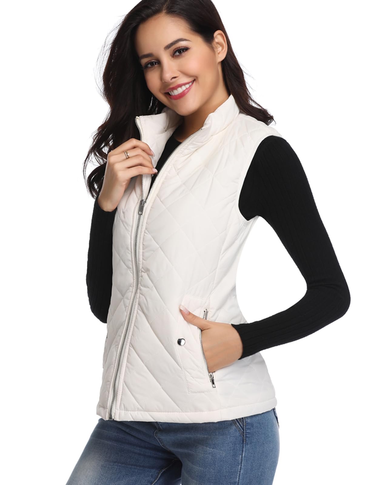 Fuinloth Women's Quilted Vest, Stand Collar Lightweight Zip Padded Gilet White XL