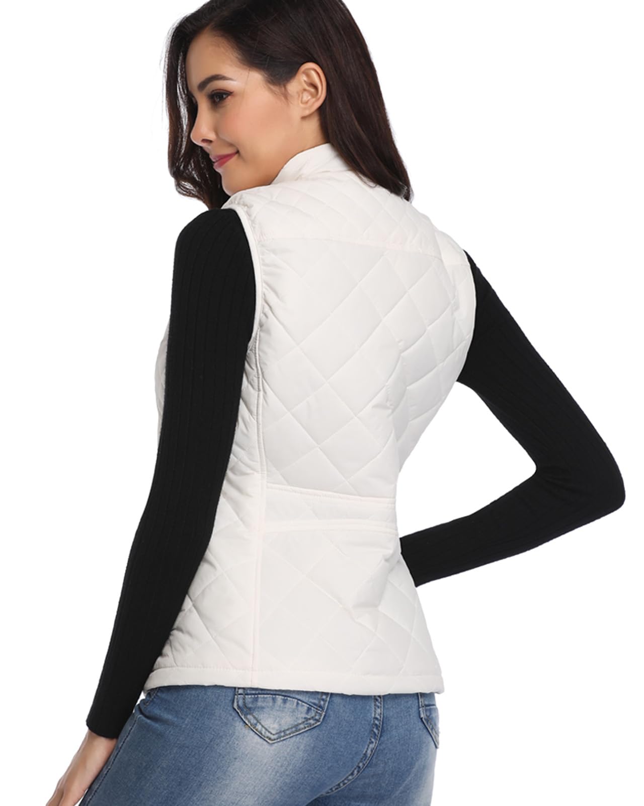 Fuinloth Women's Quilted Vest, Stand Collar Lightweight Zip Padded Gilet White XL