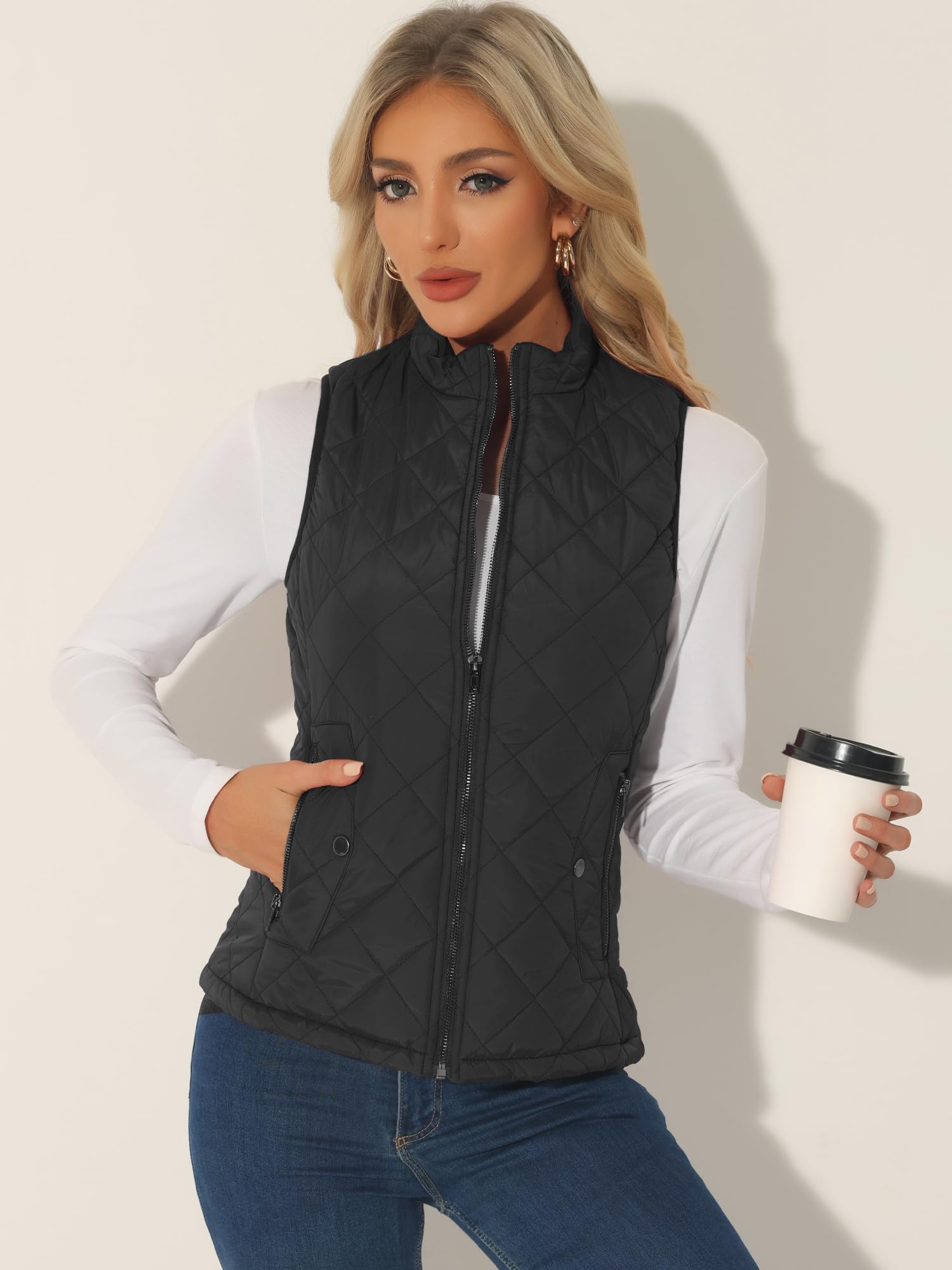 Allegra K Women's Puffer Vest Stand Collar Lightweight Gilet Quilted Zip Vest Medium Black