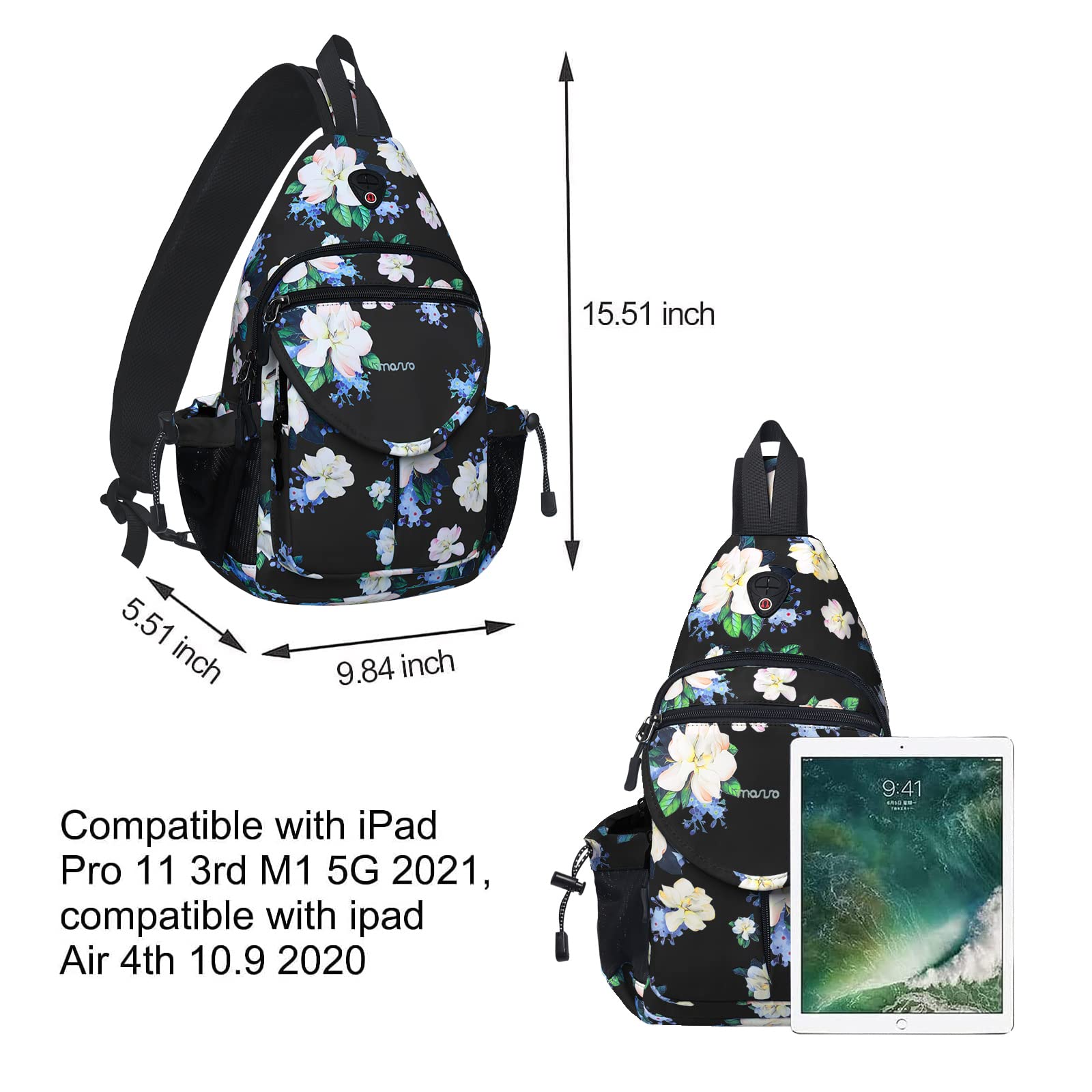 MOSISO Sling Backpack, Myrtle Flower Crossbody Travel Hiking Daypack Chest Bag with Anti-theft Pocket, Black
