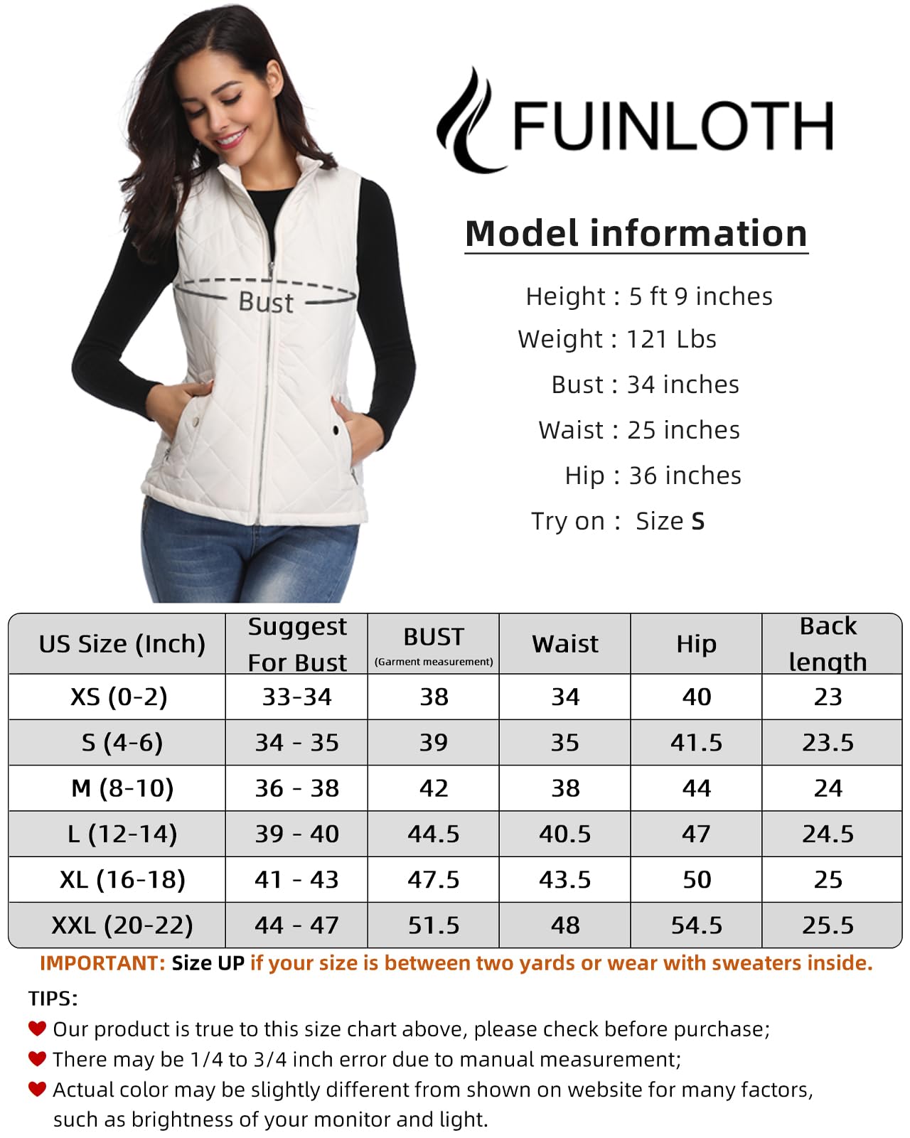 Fuinloth Women's Quilted Vest, Stand Collar Lightweight Zip Padded Gilet White XL