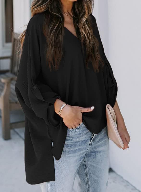 Dokotoo Women Fashion Summer Casual Office V Neck Chiffon Cuffed 3/4 Sleeve Solid Tunic Blouses and Tops for Work T Shirts 2024 Black US 18 20