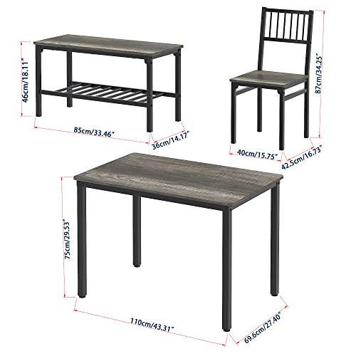 Teraves Dining Table Set for 4/Computer Desk,Kitchen Table with 2 Chairs and a Bench,Table and Chairs Dining Set 4 Piece Set for Dining Room (Black Oak+Black Frame, 110CM)
