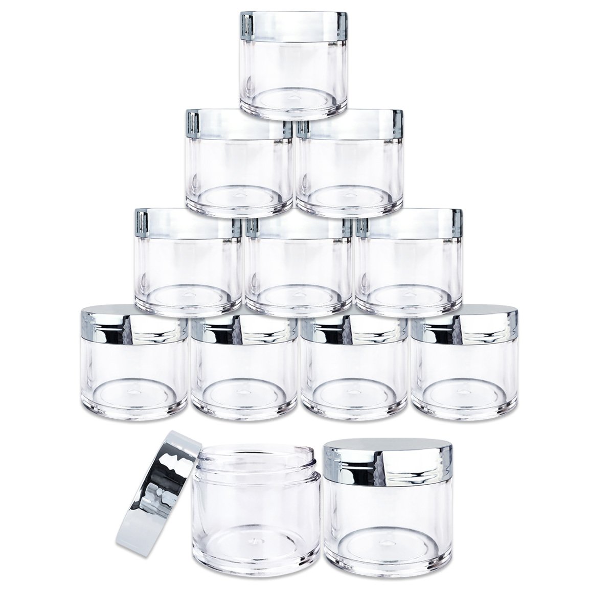 Beauticom 30g/30ml (1 fl. oz.) Double Wall Clear Plastic Leak Proof Jars with Flat Top Lids for Creams, Lotions, Make Up, Powders, Glitters, and more... (Color: Metallic Silver Lid, Pieces: 12)