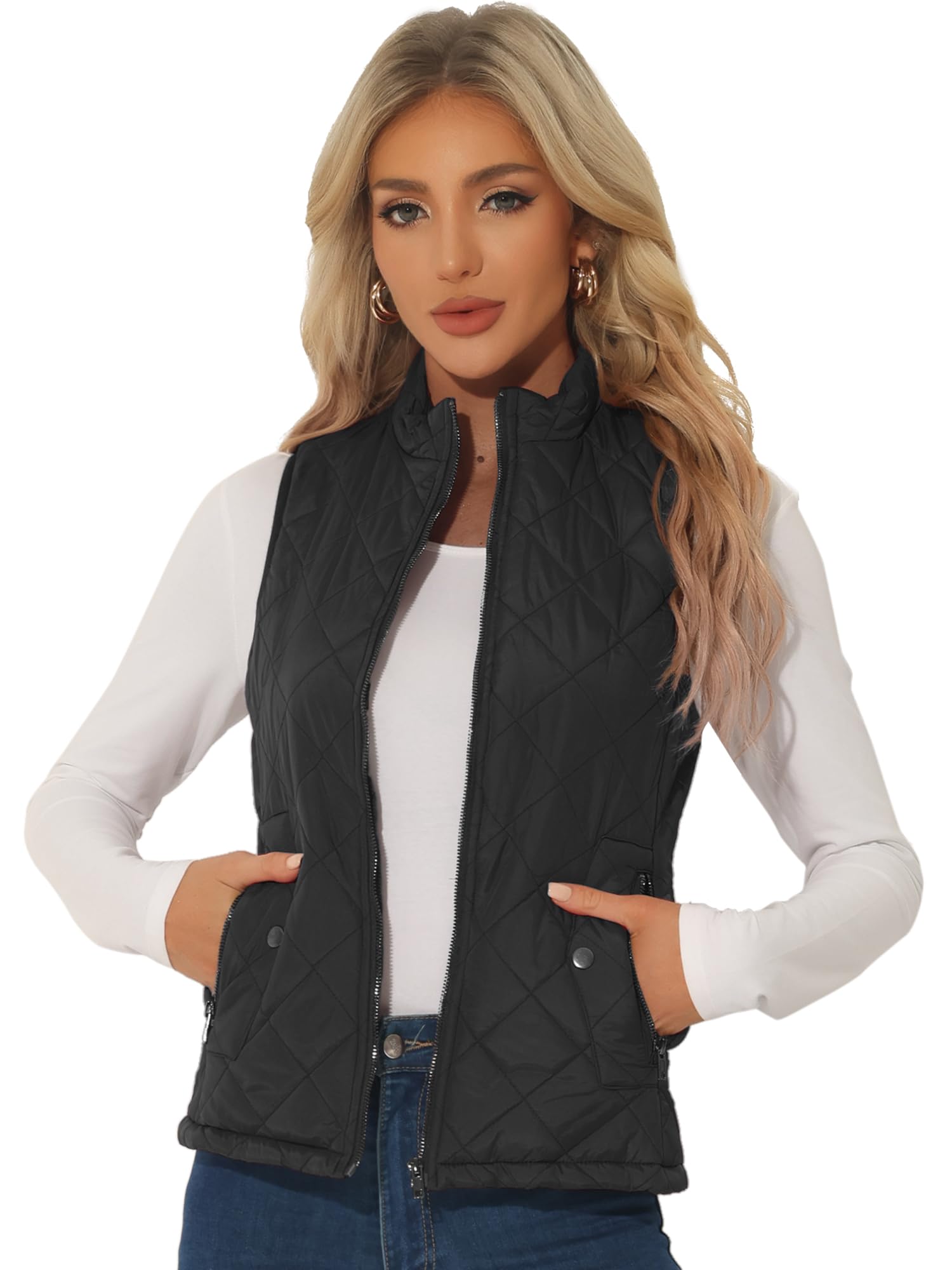 Allegra K Women's Puffer Vest Stand Collar Lightweight Gilet Quilted Zip Vest Medium Black