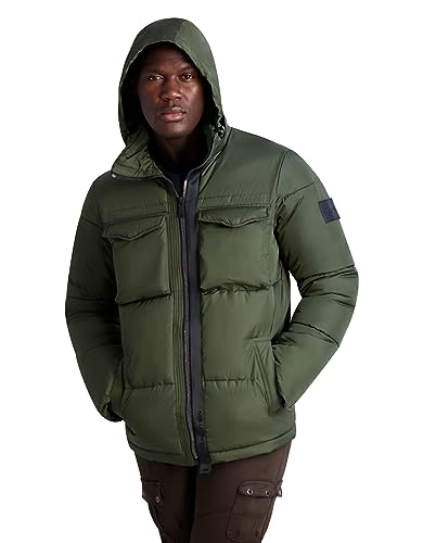 Karl Lagerfeld Paris Men's Quilted Zip Out Hood Puffer Jacket, Olive, Large