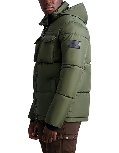 Karl Lagerfeld Paris Men's Quilted Zip Out Hood Puffer Jacket, Olive, Large
