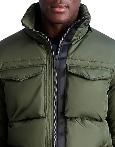 Karl Lagerfeld Paris Men's Quilted Zip Out Hood Puffer Jacket, Olive, Large