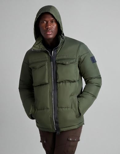 Karl Lagerfeld Paris Men's Quilted Zip Out Hood Puffer Jacket, Olive, Large