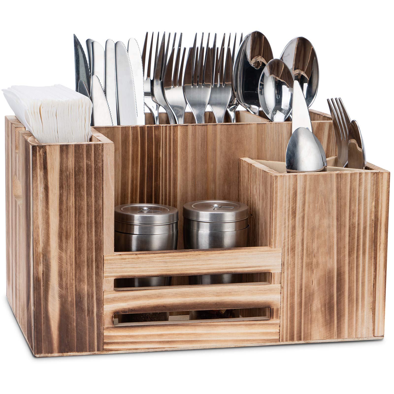 handrong Utensil Caddy Silverware Caddy Cutlery Caddy Wooden Cutlery Holder Antique Flatware Caddy Holder for Kitchen, Dining, Party, Picnics, 8 Compartments (Brown, 11.8x7.5x6.7)
