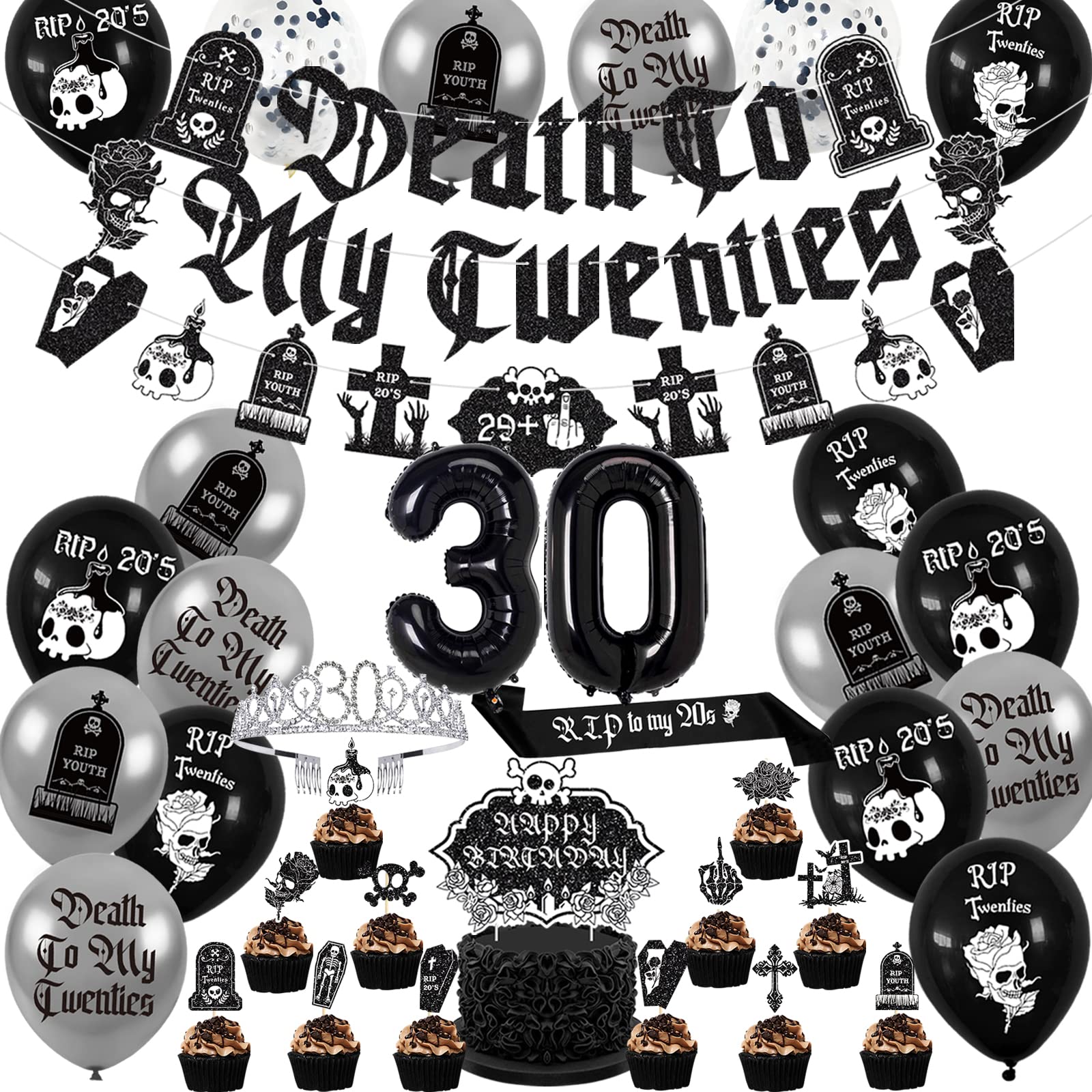 ADLKGG 30th Birthday Decorations for Women or Men, Death to My 20s Decorations with Death to My Twenties Banner, Rip to My 20s Sash, Cake Toppers for Funny Thirty Birthday Party Supplies (Black)