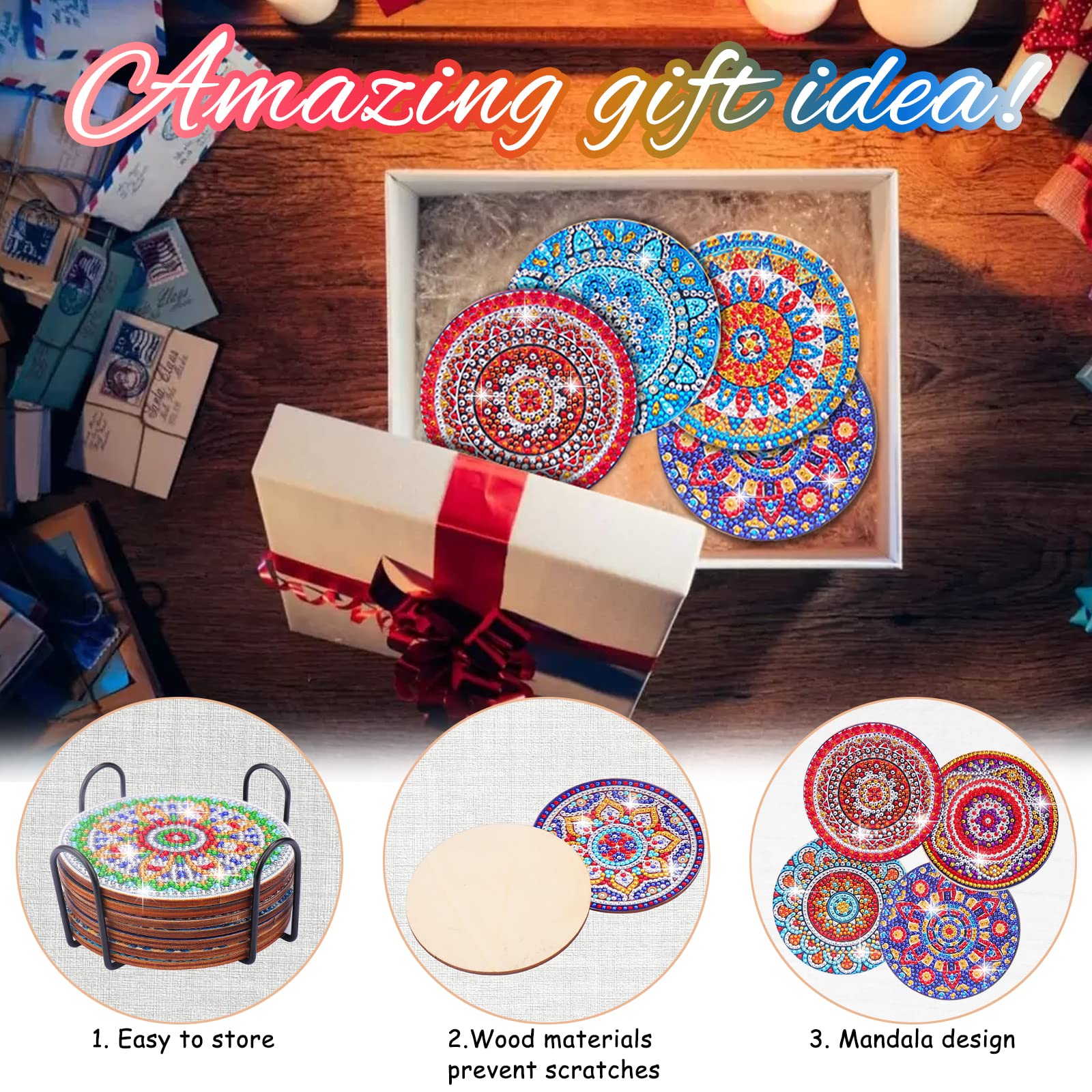 BSRESIN 8 Pcs Diamond Painting Coasters with Holder, Mandala Coasters DIY Diamond Art Crafts for Adults, Small Diamond Painting Kits Accessories