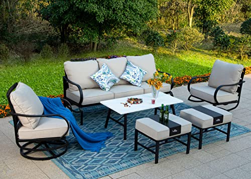 PHI VILLA 6 Piece Patio Conversation Sets, Deluxe Outdoor Patio Set for 5-7 Person with 3 Seater Padded Deep Seating Bench, 2 Padded Swivel Armrest Sofa Chairs, 2 Ottoman and & 1 Coffee Table