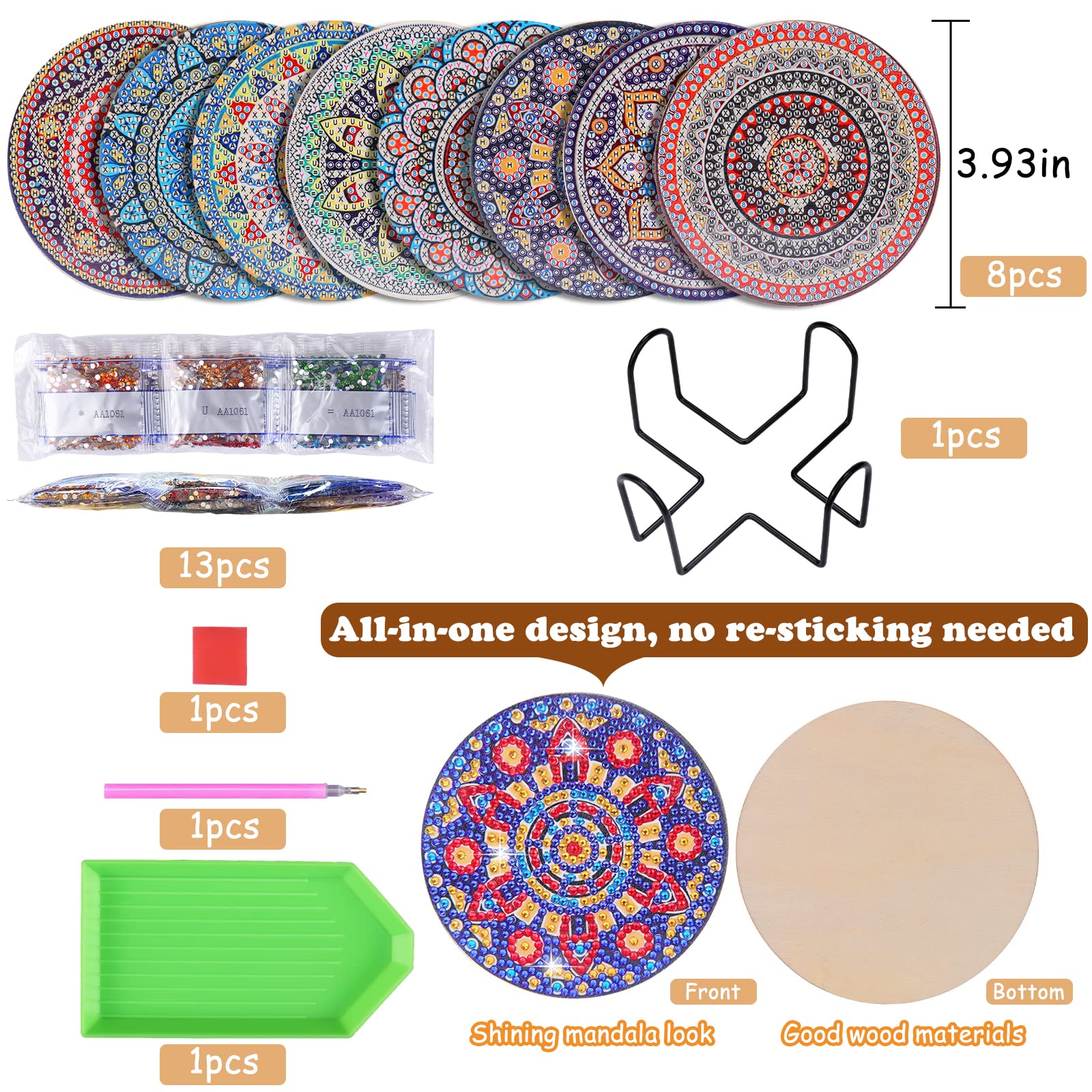 BSRESIN 8 Pcs Diamond Painting Coasters with Holder, Mandala Coasters DIY Diamond Art Crafts for Adults, Small Diamond Painting Kits Accessories