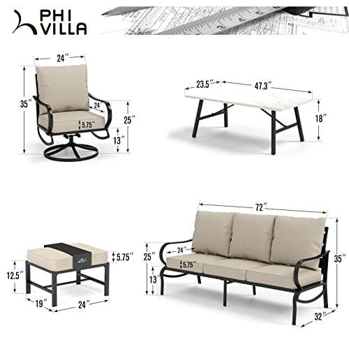 PHI VILLA 6 Piece Patio Conversation Sets, Deluxe Outdoor Patio Set for 5-7 Person with 3 Seater Padded Deep Seating Bench, 2 Padded Swivel Armrest Sofa Chairs, 2 Ottoman and & 1 Coffee Table