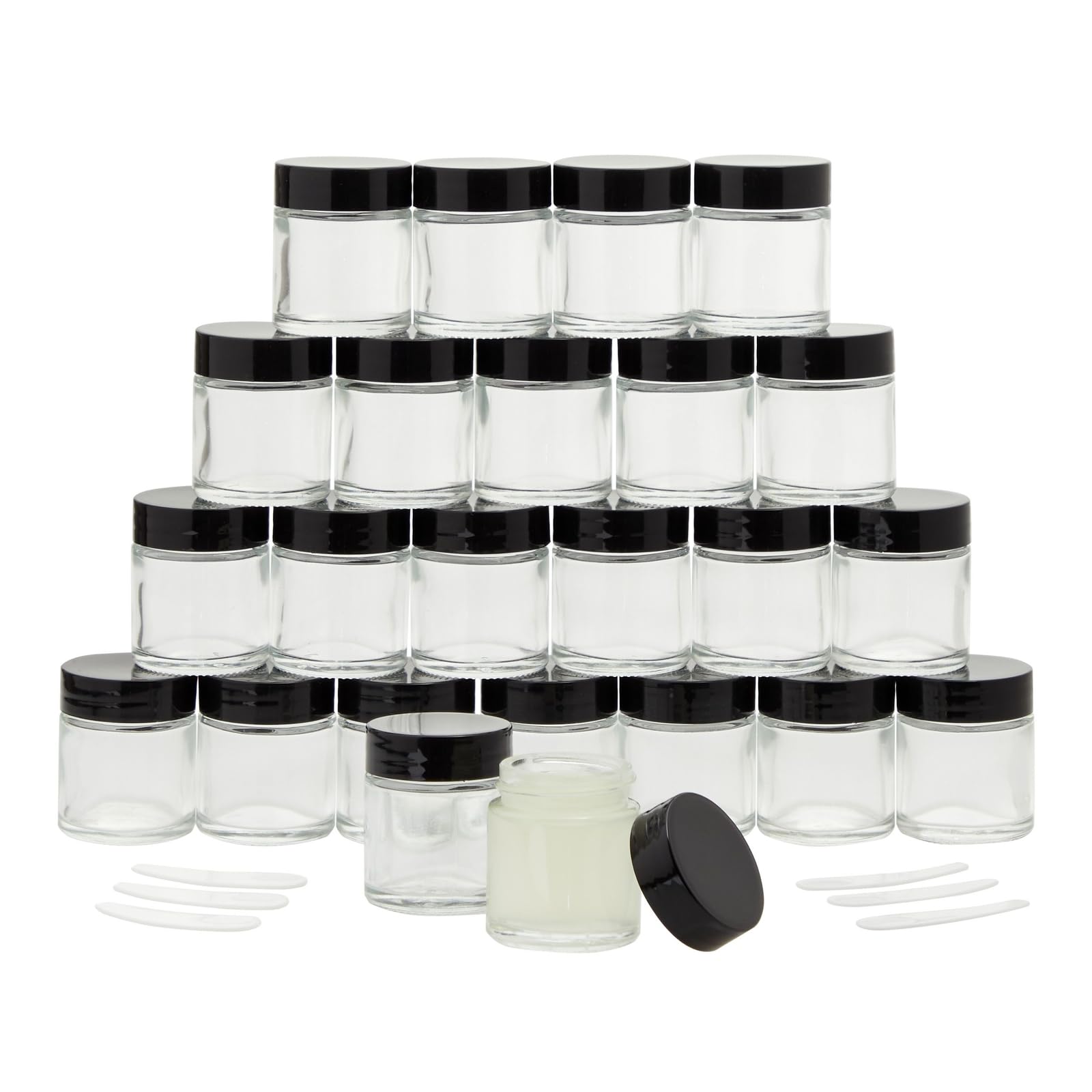 Juvale 24 Pack Small Glass Containers with Lids 1 oz, Empty Jars with 6 Spatulas for Creams, Cosmetics, DIY Ointments, Mixing (30ml)