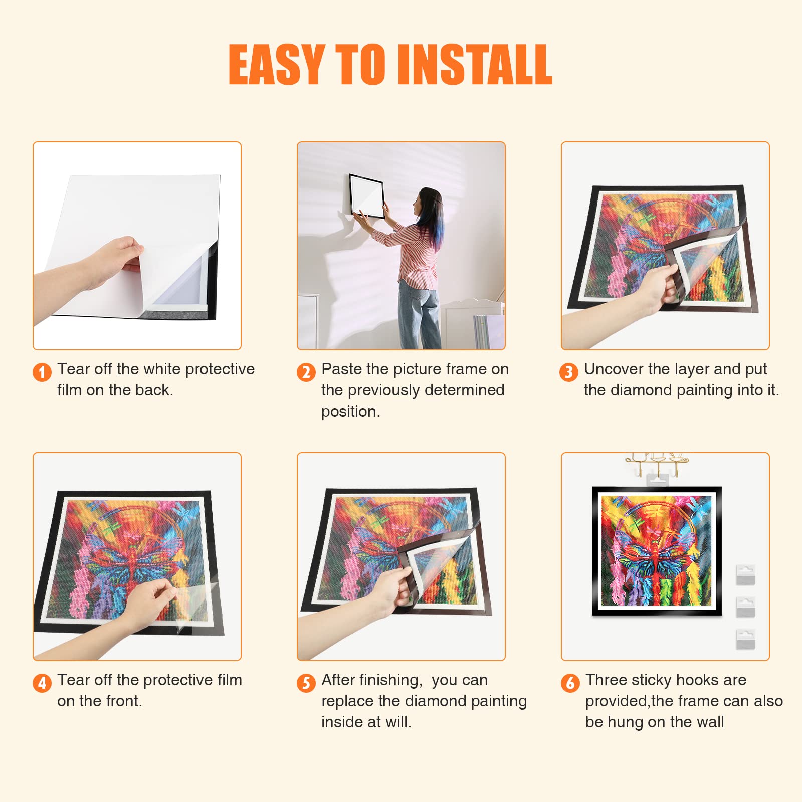 NAIMOER Upgraded 2Pack Diamond Painting Frames, Frames for 35x35cm Diamond Painting Canvas, Magnetic Diamond Art Frame Self-Adhesive, Diamond Painting Frames with Hooks for Wall Window Door (Black)