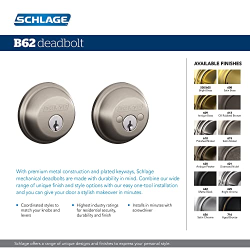 Schlage B62 N 626 Deadbolt, Keyed 2 Sides, Highest Residential Security, Satin Chrome