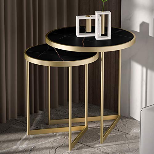 Modern Round Nesting Coffee Table Set with 2 Side Tables, Metal Frame Slate Table Top Sofa Corner Table, Simple Decoration Table for Living Room Bedroom and Balcony