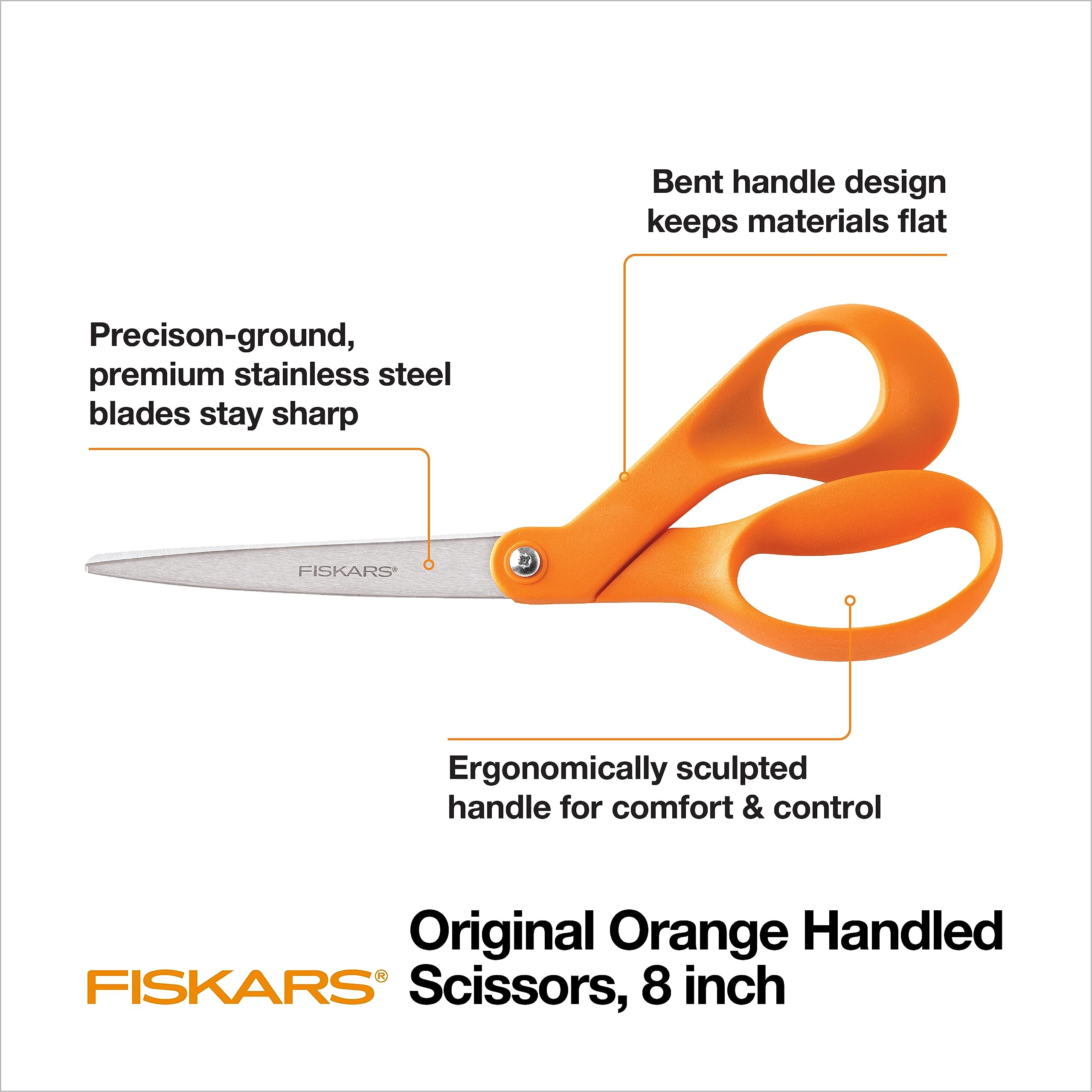 Fiskars The Original Handled Scissors, 8 Inch, Crafting, Paper Cutting, Multi Surface Use, Orange