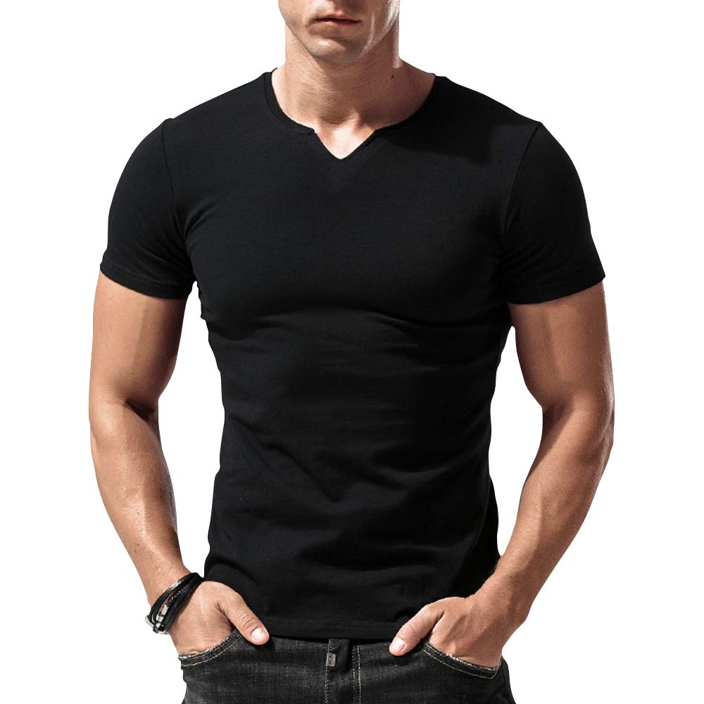 JEEING GEAR Men Short Sleeve Athletic Shirts Slim Fit Cotton V Neck Black Color Size L